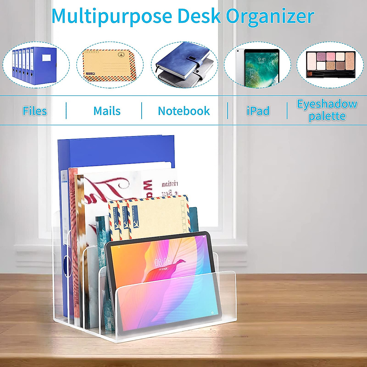 Carooyac Clear Acrylic File Organizer, 4 Sections Acrylic File Holder Sorter, Office Desk Organizer for File Folder Mail Letter Book Electronics Makeup Eye Shadow Palette
