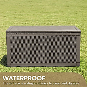 Devoko 100 Gallon Waterproof Large Resin Deck Box Indoor Outdoor Lockable Storage Container for Patio Furniture Cushions Garden Tools (100 Gallon, Light Brown)