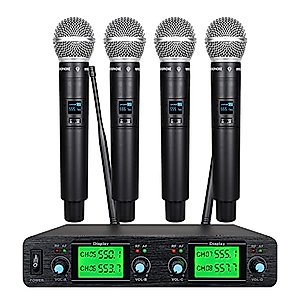 Tbaxo 4 Channel Wireless Microphone System 4 Handheld Mic UHF Karaoke DJ Singing Meeting Party New Wedding Church Conference Speech 3 Years Free Warranty Fixed Frequency Long Range