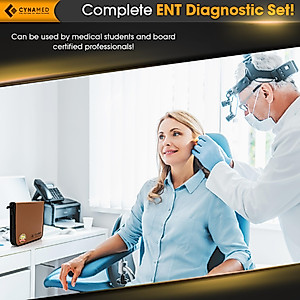 CynaMed ENT Diagnostic Kit - Ear, Nose, Throat Examination Instruments Set - Otoscope, Opthalmoscope, Earwax Remover, Nasal Dilator, Speculum, LED Lights, Mirrors, Replacement Tips, Leather Carry Bag