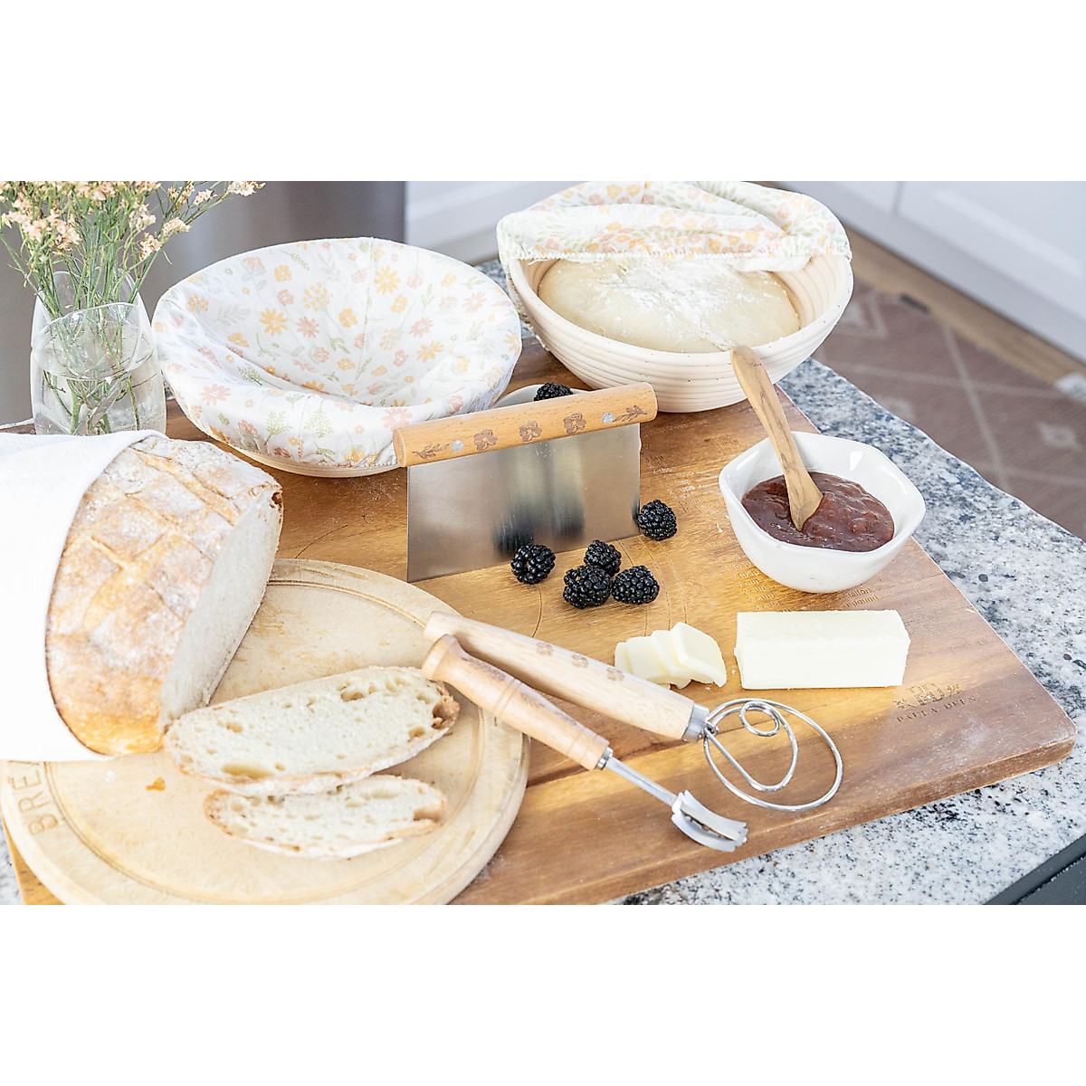 Joyallia Banneton Bread Proofing Basket Set of 2 Round 9 Inch with Bread Lame | Dough Scraper | Dough Whisk | Bowls Cover | Sourdough Kit | Bread Making Tools Gift for Mother, Wife and Bakers