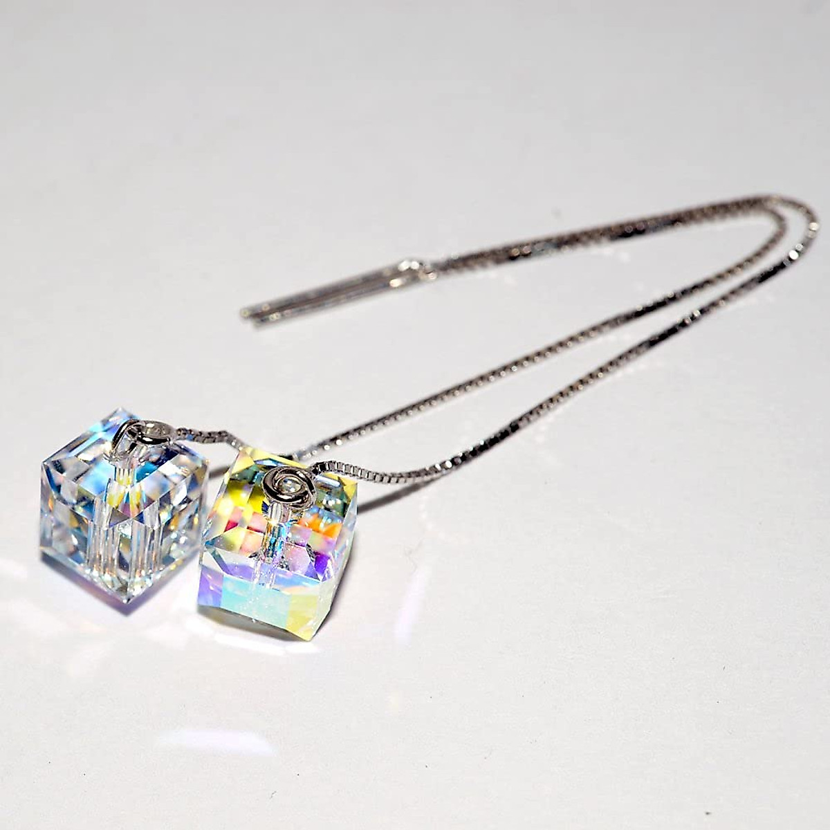 AllenCOCO 925 Sterling Silver SWAROVSKI Crystals Long Tassel Threader Dangle Drop Earrings Women Wife Cube Hypoallergenic Dangle Earrings