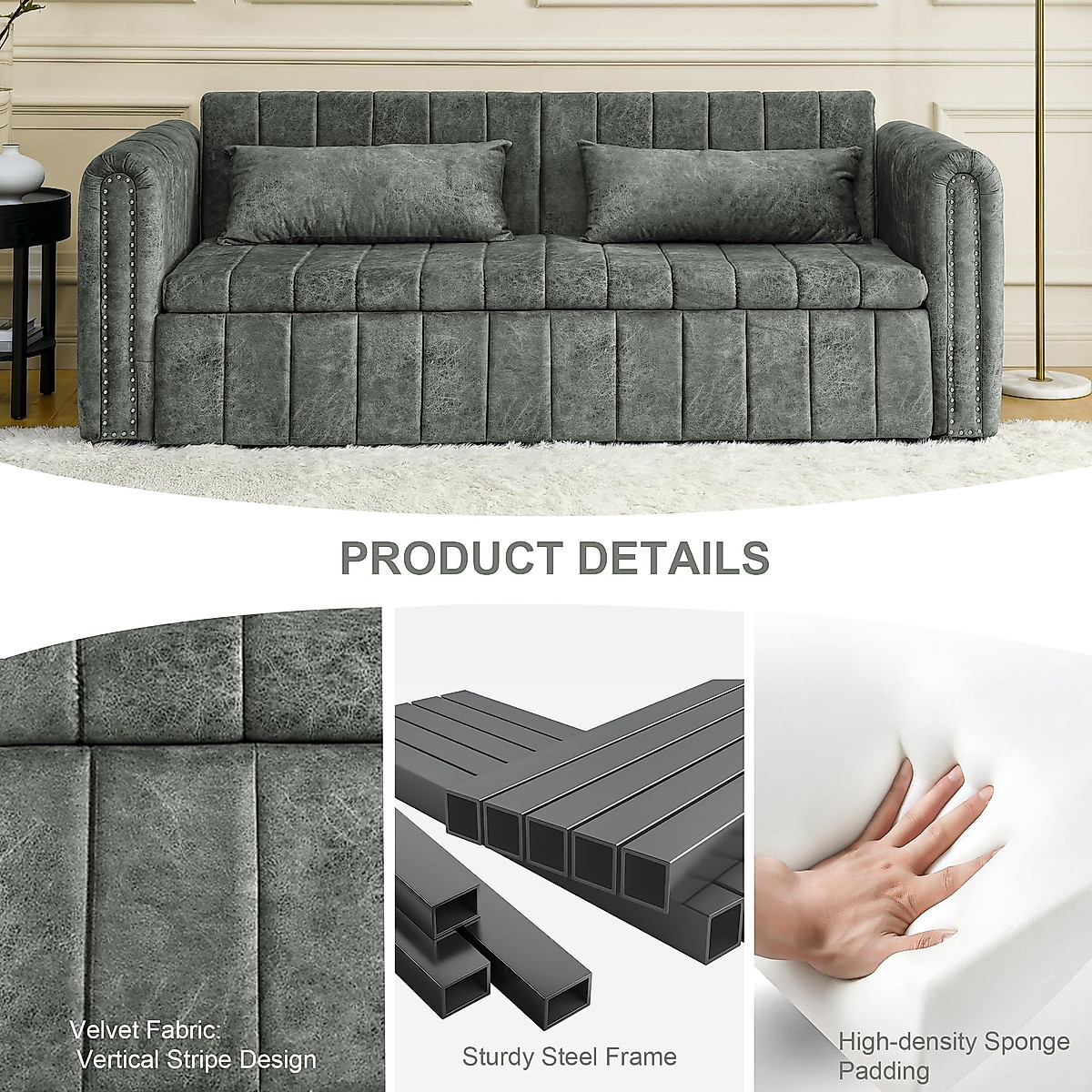 CALABASH 82.3" Queen Pull Out Couch Bed, 3 in 1 Convertible Sleeper Sofa Bed, Velvet 3-Seater Pullout Couch with 2 Storage Drawers for Living Room, Apartment, Small Space (Grey)