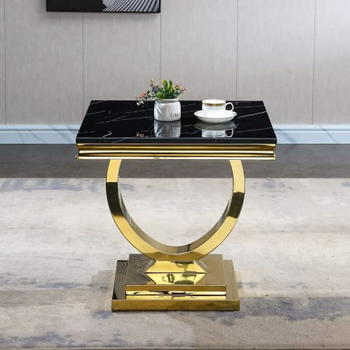 Luxury Real Marble End Table, Modern Mirrored Gold Square Sofa Side Table, Mid Century Elegant End Bedside Table with Stainless Steel Pedestal Base for Living Room Bedroom Couch