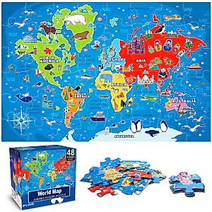 Jumbo Floor Puzzle for Kids,World Map Puzzle Jigsaw Geography Puzzles,48 Piece Globe Atlas Puzzle with Continents,United States Puzzle for Ages 3-5,Preschool Learning Toys Gift for 4-8 Years Old