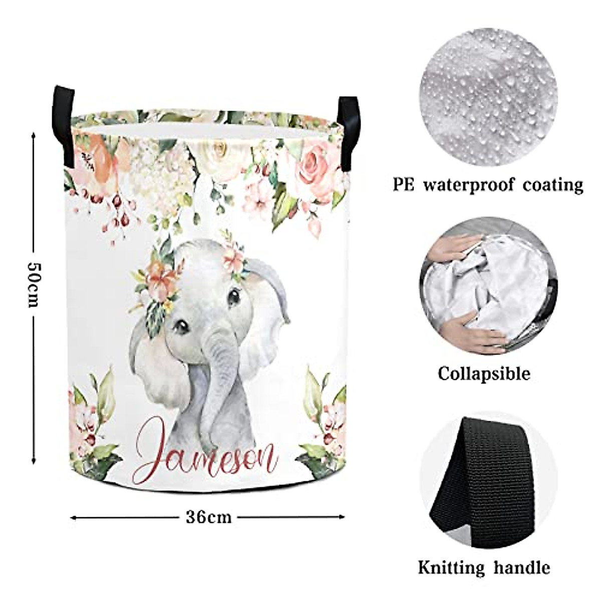 Personalized Laundry Basket for Boys Girls with Name Flowers Custom Baby Laundry Hamper with Handle Collapsible Clothes Storage Bathroom Living Room Bedroom Decor (Baby Elephant)