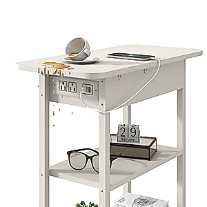 LIDYUK End Table with Charging Station, Flip Top Side Table with USB Ports and Outlets, Nightstand for Small Spaces, Bedside Tables with Storage Shelf for Living Room, Bedroom, White