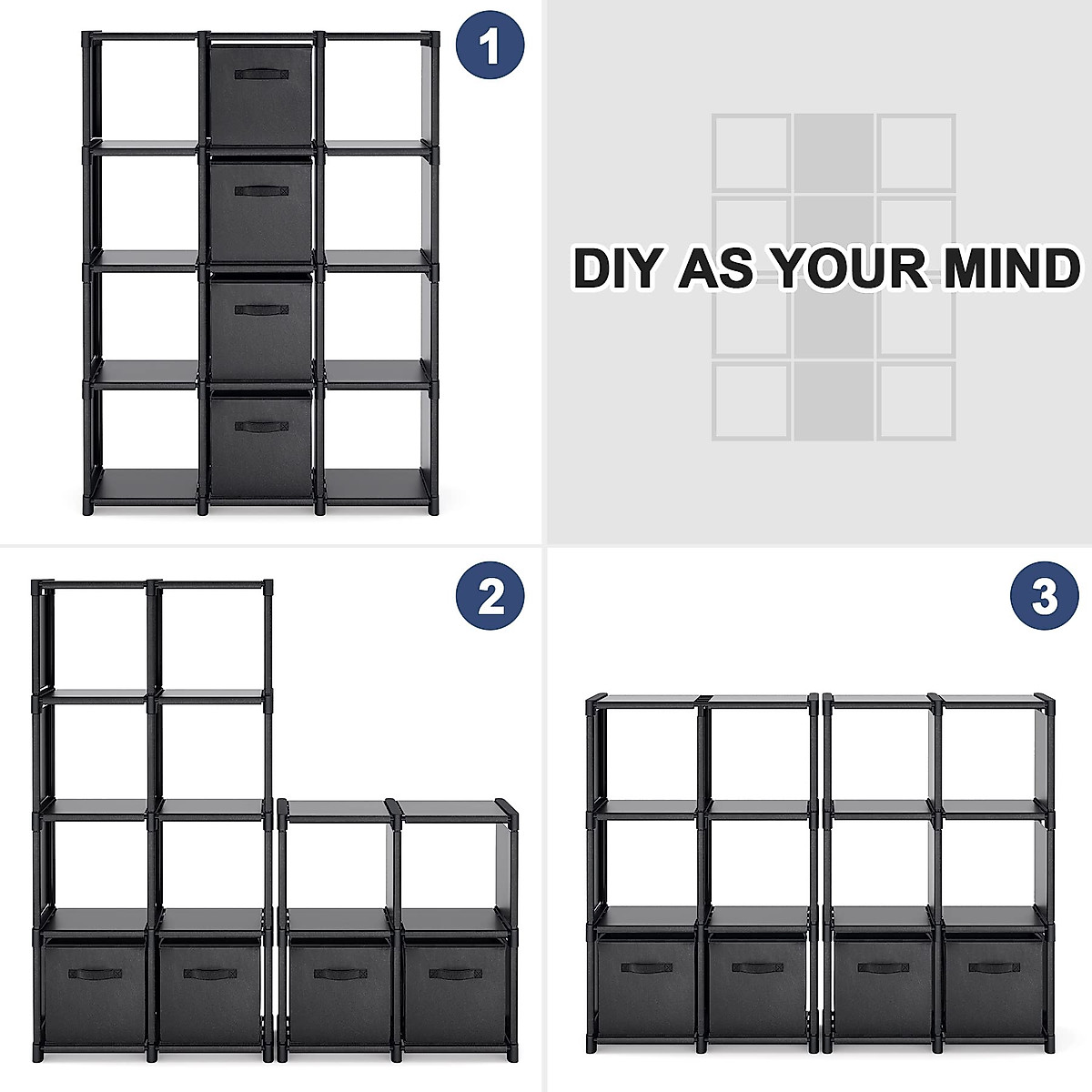 Tribesigns 12 Cubes Storage Organizer DIY Storage Shelves Stackable Open Bookshelf with 4 Cube Storage Bins with Handle Organizer 10.5" x 10.5" for Closet Rack Cabinet Bedroom Livingroom, Black