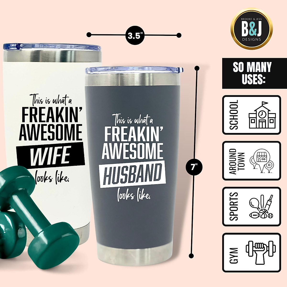 Brooke & Jess Designs Funny Tumbler Gift Set for Husband and Wife - Awesome Wife Cup Husband Tumbler Coffee Mug - Great Travel Cup Gifts for Husbands and Wives, Birthday Presents for Her, Him