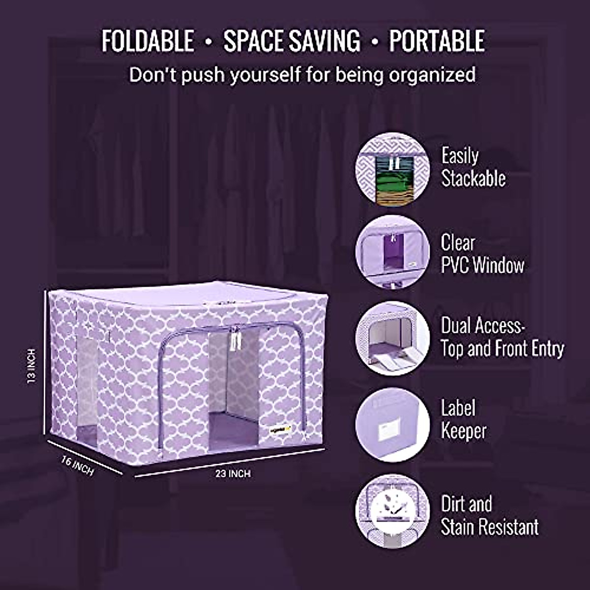 Foldable Clothes Storage Bag Organizer Pop Up Bins Strong Handle Quality Fabric for Collapsible Closet Boxes 4 Pack (Large) (Lavender)