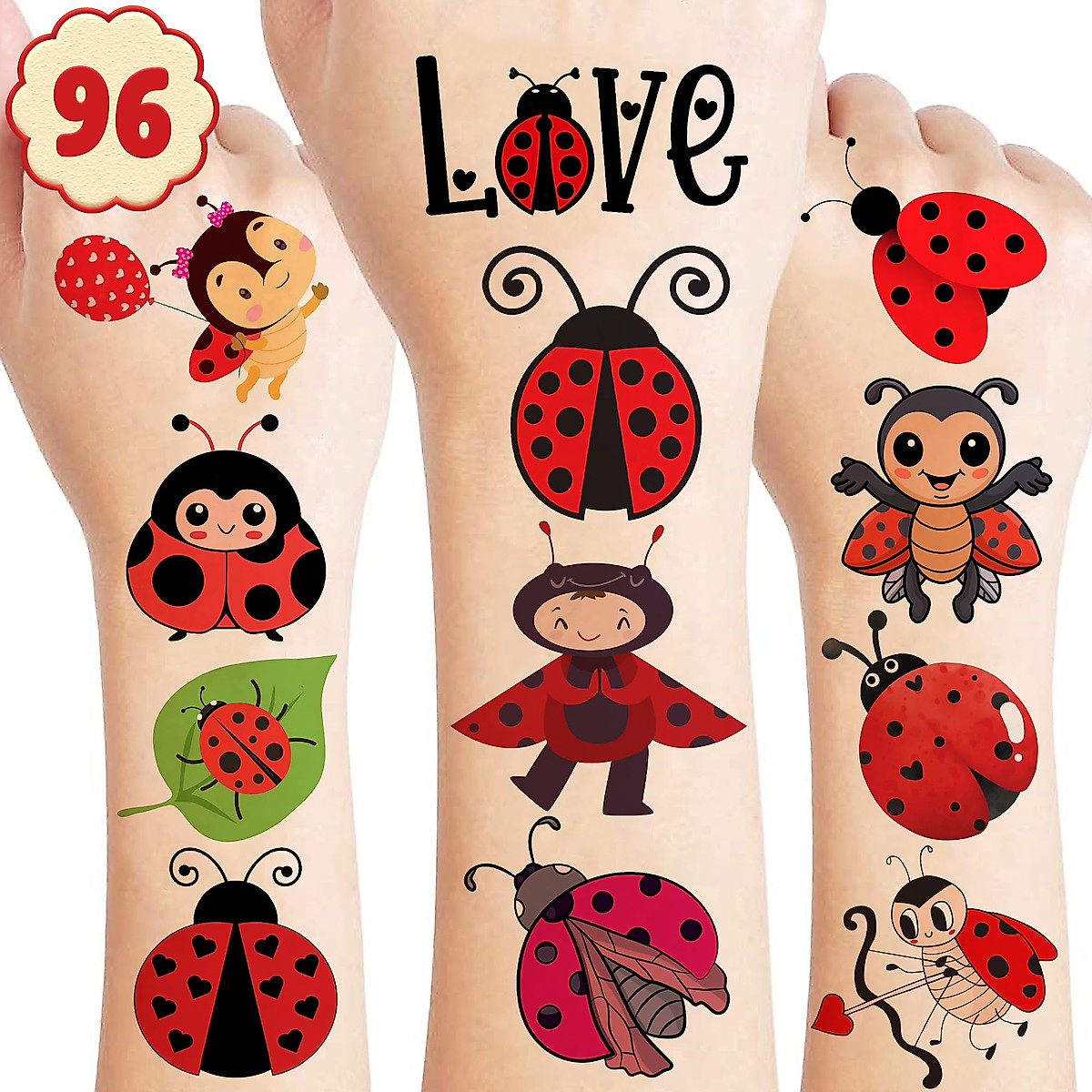 Ladybug Temporary Tattoos Sticker for Kids 8 Sheet (96 Pcs) Bug Themed Birthday Party Decorations Supplies Favors Gifts Ideas for Girls Boys Baby Showers Prizes Cute Beetle Tattoo Classroom Reward