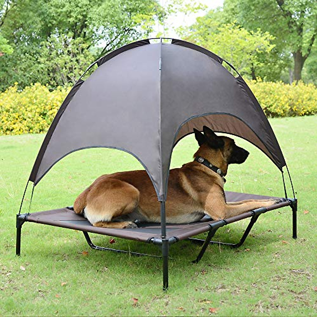 Heeyoo 48 Inches Extra Large Elevated Dog Bed with Canopy, Portable Indoor Outdoor Pet Cot with Removable Canopy Shade Tent for Dogs and Cats, Brown