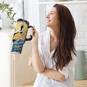 Flradish 40oz Tumbler with Handle, Grus Japonensis Stainless Steel Tumbler with Lid and Straws Double Wall Vacuum Insulated Leakproof Coffee Travel Mug