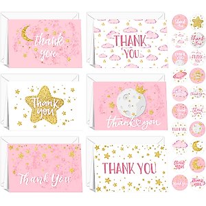 24 Pieces Stars Thank You Cards with Envelopes and Stickers for Baby Shower Party Supplies, Gold Foil Thanks Stickers Starry Delight Thanks Notes Stars Moon Gratitude Cards for Party Favors (Pink)