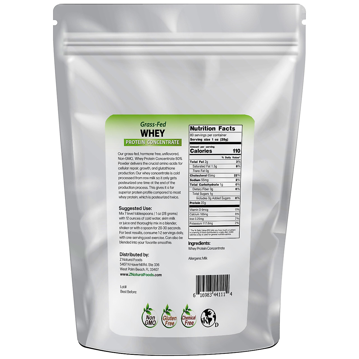 Z Natural Foods Grass-Fed Whey Protein Powder from New Zealand, Unflavoured and Undenatured Protein Powder Enriched with Vital Proteins, 100% Pure, Gluten-Free, Non-GMO, Kosher, 5 lbs