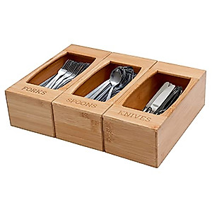 KOVOT Bamboo Utensils Organizer – Bamboo Wood Flatware Caddy – Cutlery Holder with 3 Separate Compartments – Forks, Spoons, Knives – Bamboo Organizing Box for Kitchen Counter, Drawers, Table