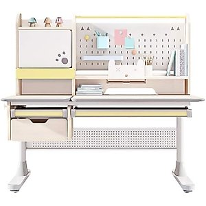 FCD Desk for Gilrs and Boys, Wood Adjustable Height Ergonomic Kids Study Desk with Pull Out Drawers, Tablet Holder, Tiltable Desktop and Large Bookshelf