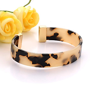 Open Cuff Bracelet Statement Acrylic Resin Lucite Cuff Bracelet Minimalist Tortoise Shell Bangles Bracelet Adjustable Lightweight Bangle (Leopard)