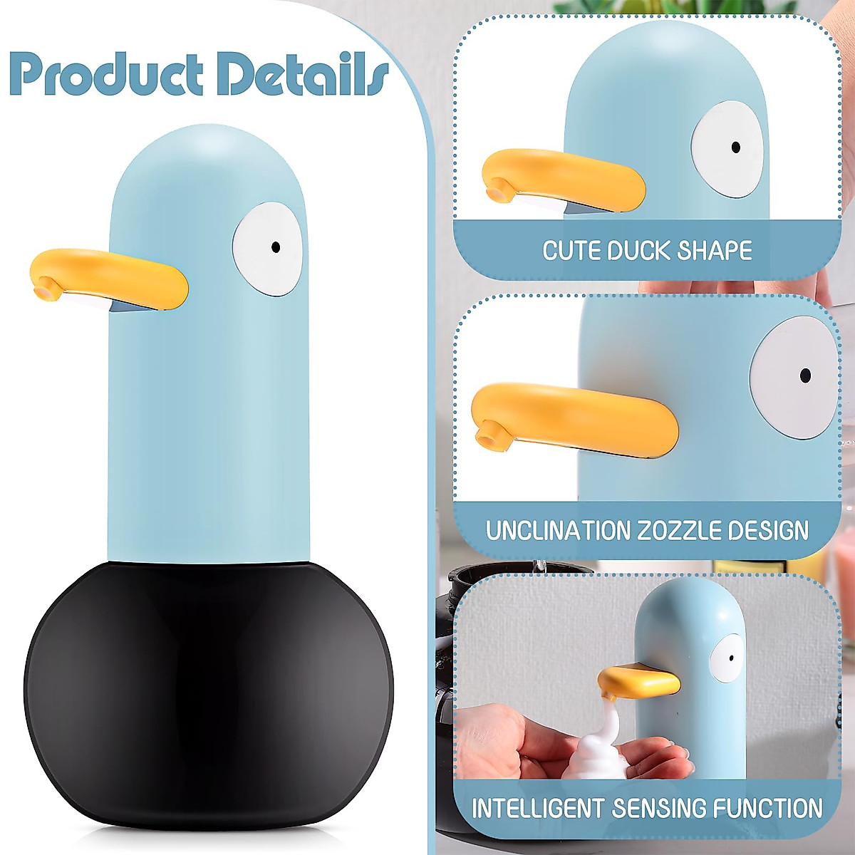Uiifan 2 Pcs Automatic Soap Dispenser Cute Duck Foaming Hand Soap Dispenser Rechargeable Automatic Soap Dispenser for Bathroom Kitchen Restaurant Office Countertop Blue, 13.5 oz
