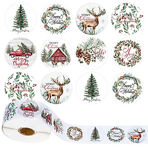 Whaline 1000Pcs Christmas Stickers 1.5Inch Assorted Plants Round Stickers in Roll Rustic Christmas Tree Wreath Elk Truck Patterns Label Stickers for Xmas Seals Cards Presents Envelopes, 8 Designs