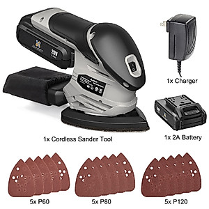 Cordless Detail Sander for Woodworking,20V Hand Sander with 1X2.0A Battery & Charger, 15000 OPM Mouse Detail Sander with 15PCS Sandpapers, Efficient Dust Collection System Tools for Wood Furniture