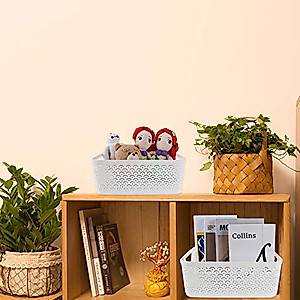 STARVAST 3 Pack Plastic Storage Baskets, Portable White Fish Scale Pattern Hollow Desktop Storage Bin Box with Handle for Kitchen, Bathroom, Kids Room or Nursery Storage – 13.8 x 11.2 x 5.1 inches