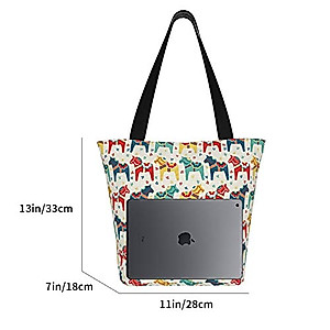 antcreptson Swedish Dala Horses Extra Large Canvas Shoulder Tote Top Storage Handle Bag for Gym Beach Weekender Travel Reusable Grocery Shopping,Black White