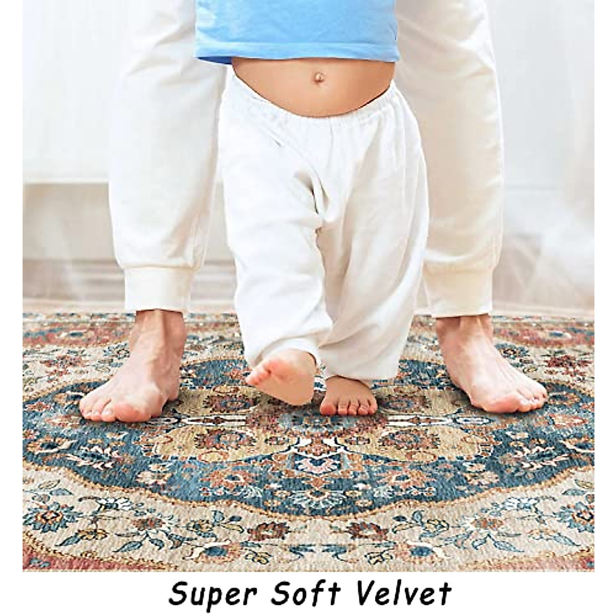 vivorug Washable Rug, Ultra Soft Area Rug 5x7, Non Slip Boho Rug Foldable, Stain Resistant Rugs for Living Room, Persian Tribal Medallion (Yellowish/Navy, 5'x7')