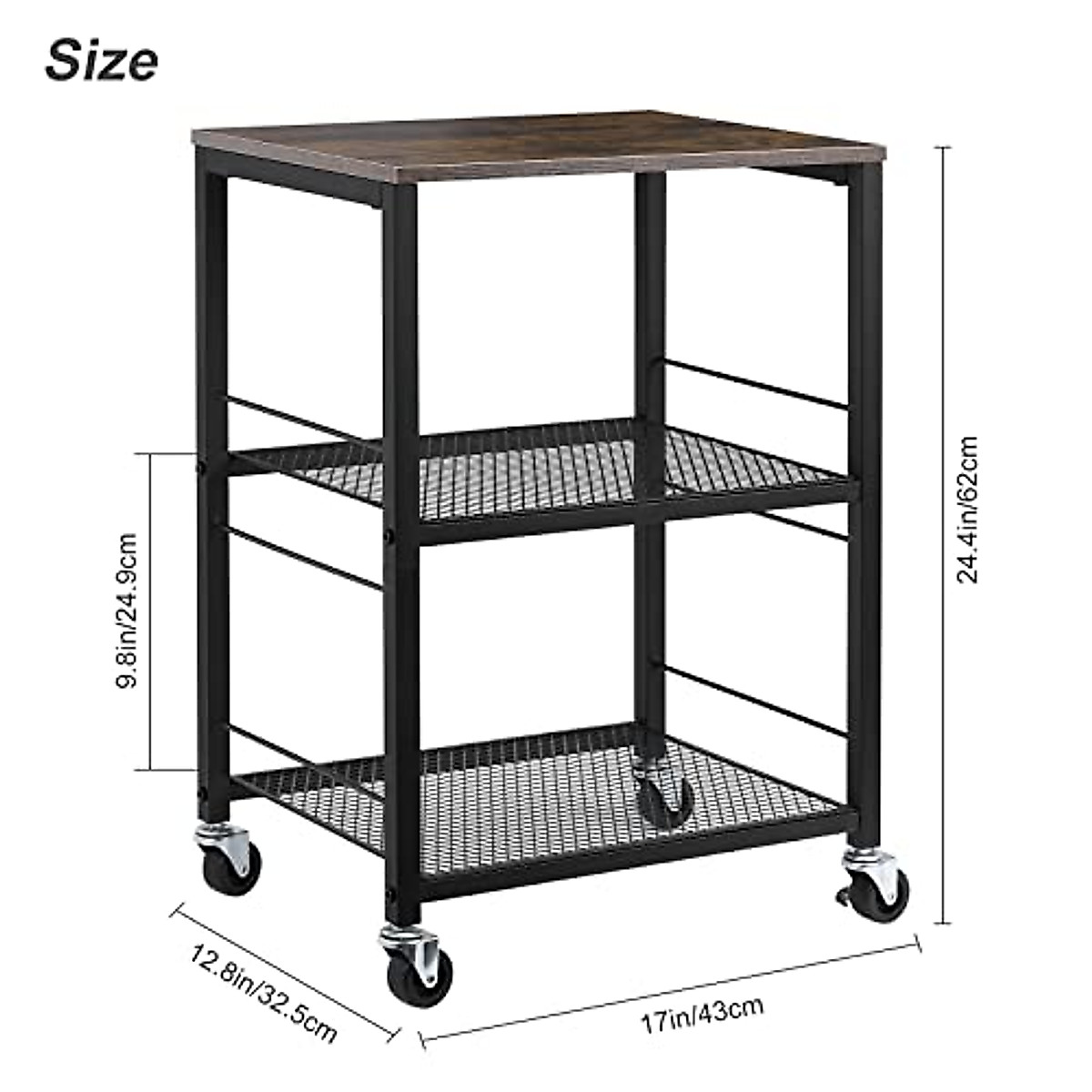 MOOACE Rustic 3 Tier End Table with Wheel,Side Table Nightstand Storage Shelf for Bedroom,Kitchen,Living Room and Office, Stable Metal Frame,Wood Top, Easy Assembly - Brown&Black