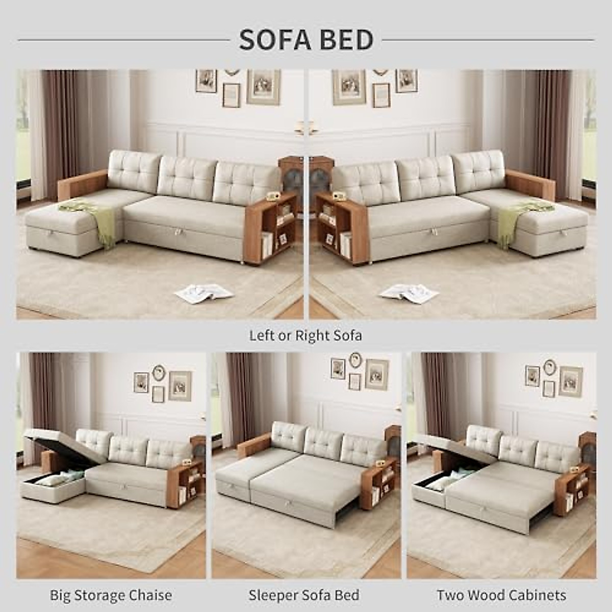 Acosure 84" Convertible L-Shape Pull Out Couch with Wooden Storage Chaise and Handrail,Sleeper Sectional Sofa Bed W/ 3 Movable Back Cushions,for Living Room,Office,Beige