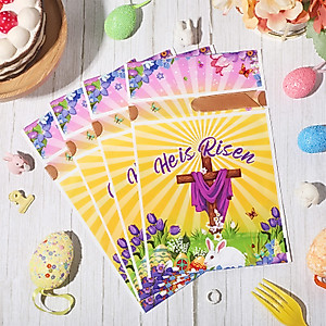 50 Pieces Easter Drawstring Gift Bags Plastic Easter Treat Bags Easter Wrapping Bag Inspiring He is Risen Sign Treat Candy Bags Easter Cookie Bags Goody Bags for Easter Theme Bible School Party Favor