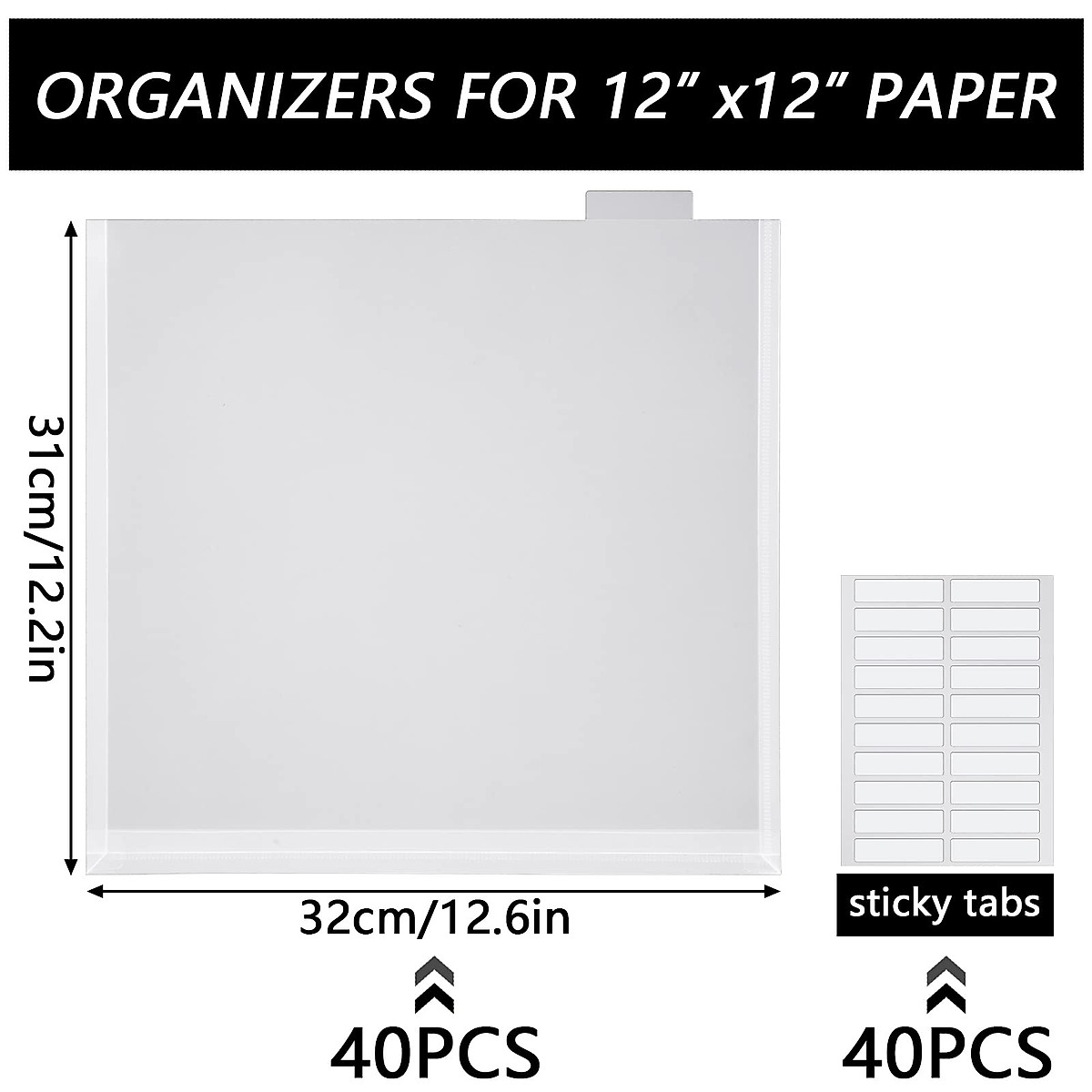 12 x 12 Scrapbook Paper Storage Organizer Clear Top Loading Files Plastic Paper Holder with Customizable Tabs for Holding Paper Photos Vinyl Paper Scrapbook Paper (40 Set)