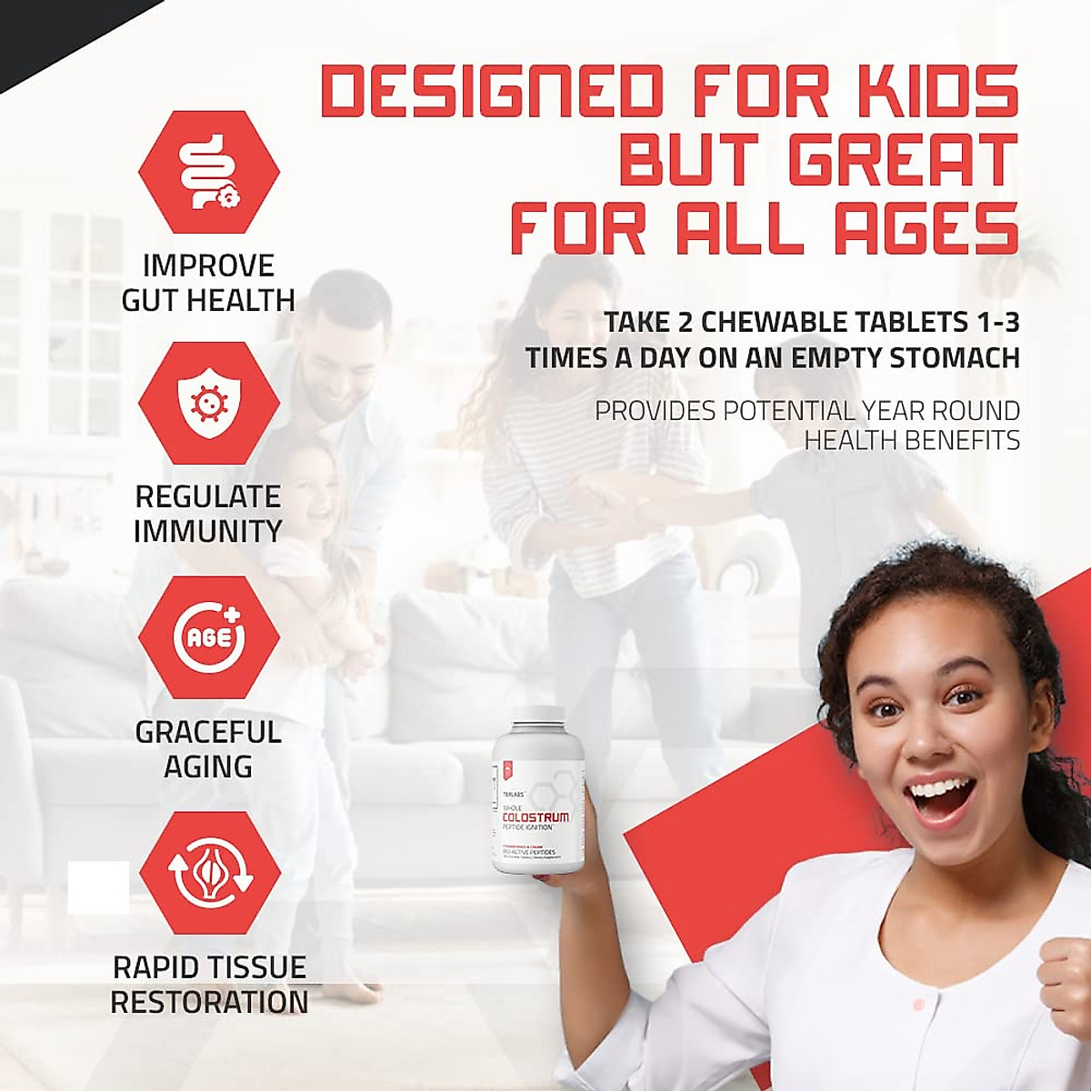 Bovine Colostrum Chewable Tablets - TBR Labs - with Immunoglobulins and Lactoferrin - for Immune & Gut Health, USA Sourced, 100% First Milking - Strawberries & Cream - 180 Tablets (90 Servings)