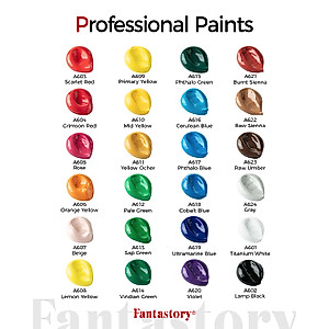 Fantastory Acrylic Paint Set, 24 Classic Colors(2oz/60ml), Professional Craft Paint, Art Supplies Kit for Adults Canvas/Fabric/Rock/Glass/Stone/Ceramic/Model/Wood Painting with 12 Brushes