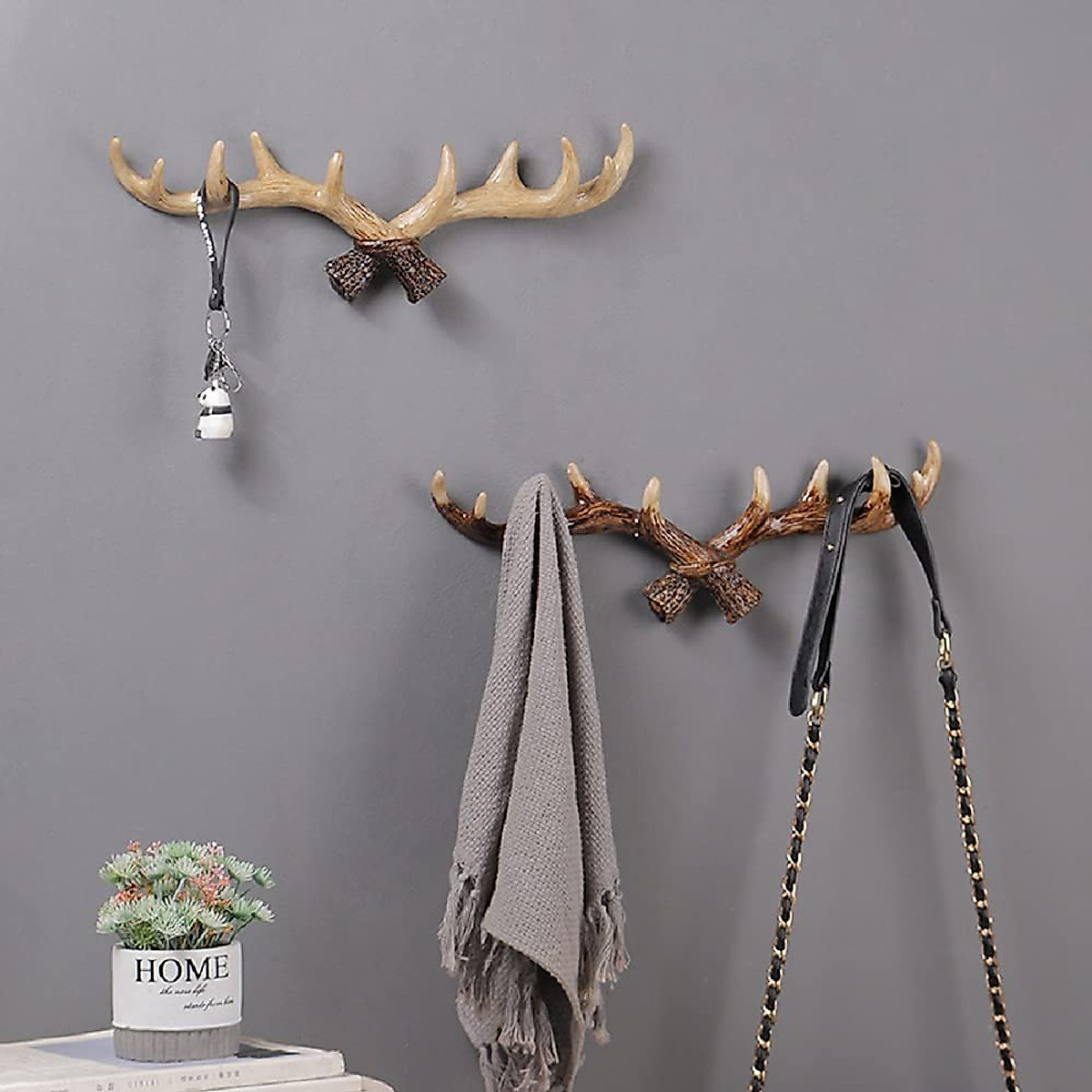 HY&GH Antlers Hook Wall Hooks/Hanger，Towel Hooks，Animal Shaped Hook，Resin Material Wall Home Decor，Deer Antler Holder 15.7" Long, 4.7" Tall and 1.57" deep 10 Hooks