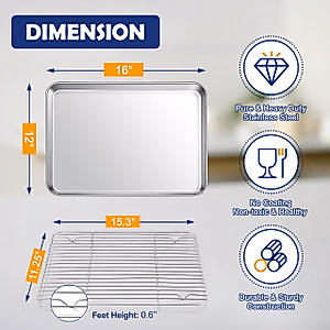 Baking Sheet Pan with Rack Set, Joyfair Stainless Steel Toaster Oven Pans Tray & Cooling Racks for Cookie/Jelly Roll/Bacon/Meat, Commercial Metal & Rust-free, Dishwasher Safe (16 Inch)