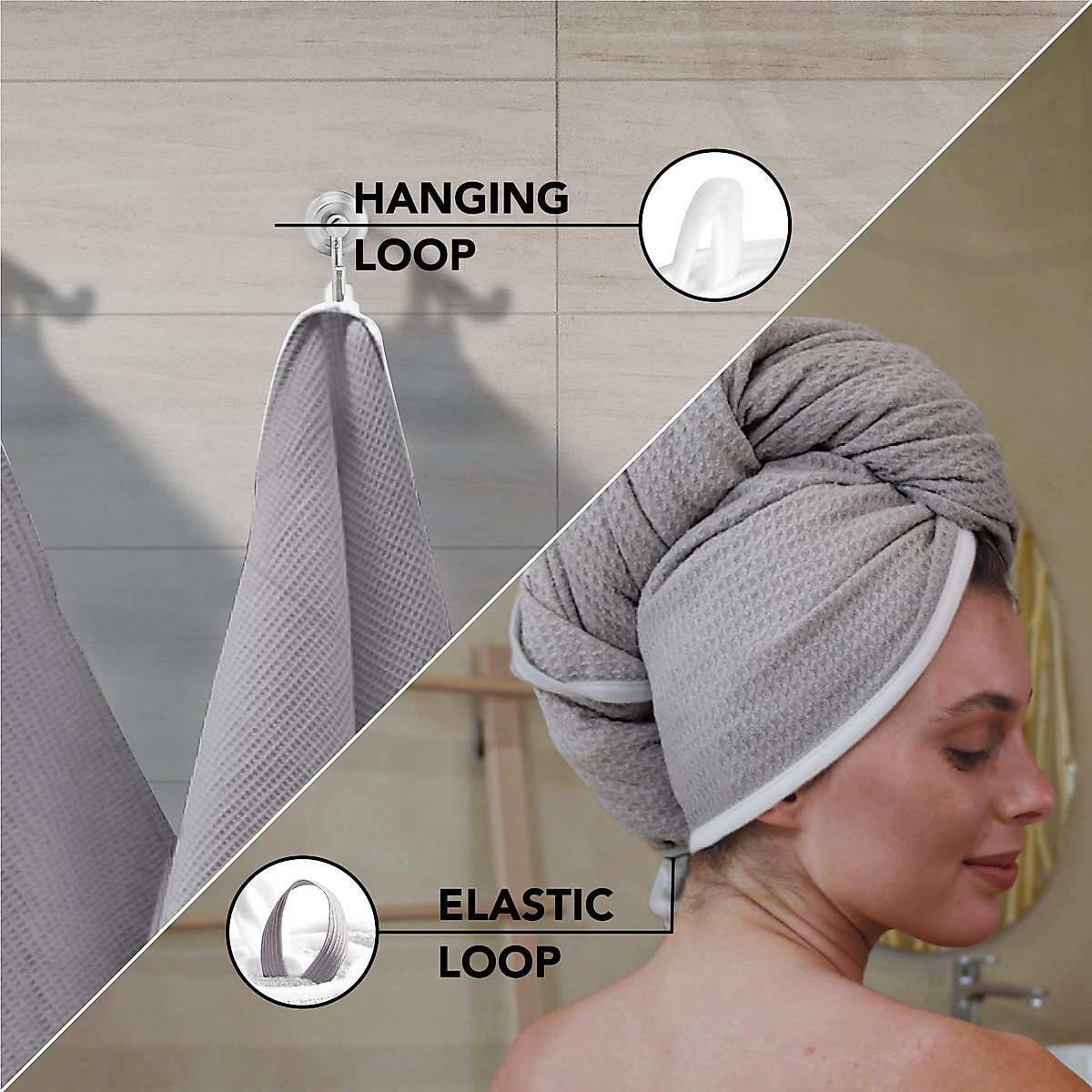 Microfiber Hair Towel Wrap for Women - Extra Large 45 x 25" Hair Towels for Long Hair – Anti Frizz Breathable Quick Dry Towel for Wet, Curly, Straight, with Elastic Loop - Waffle Knit Towels - Grey