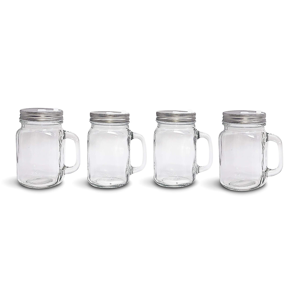 Home Suave Mason Jar Mugs with Handle Sets, Regular Mouth, Colorful Lids with Reusable Stainless Steel Straw, Kitchen GLASS 16 oz Jars & Dishwasher Safe (4, Silver)