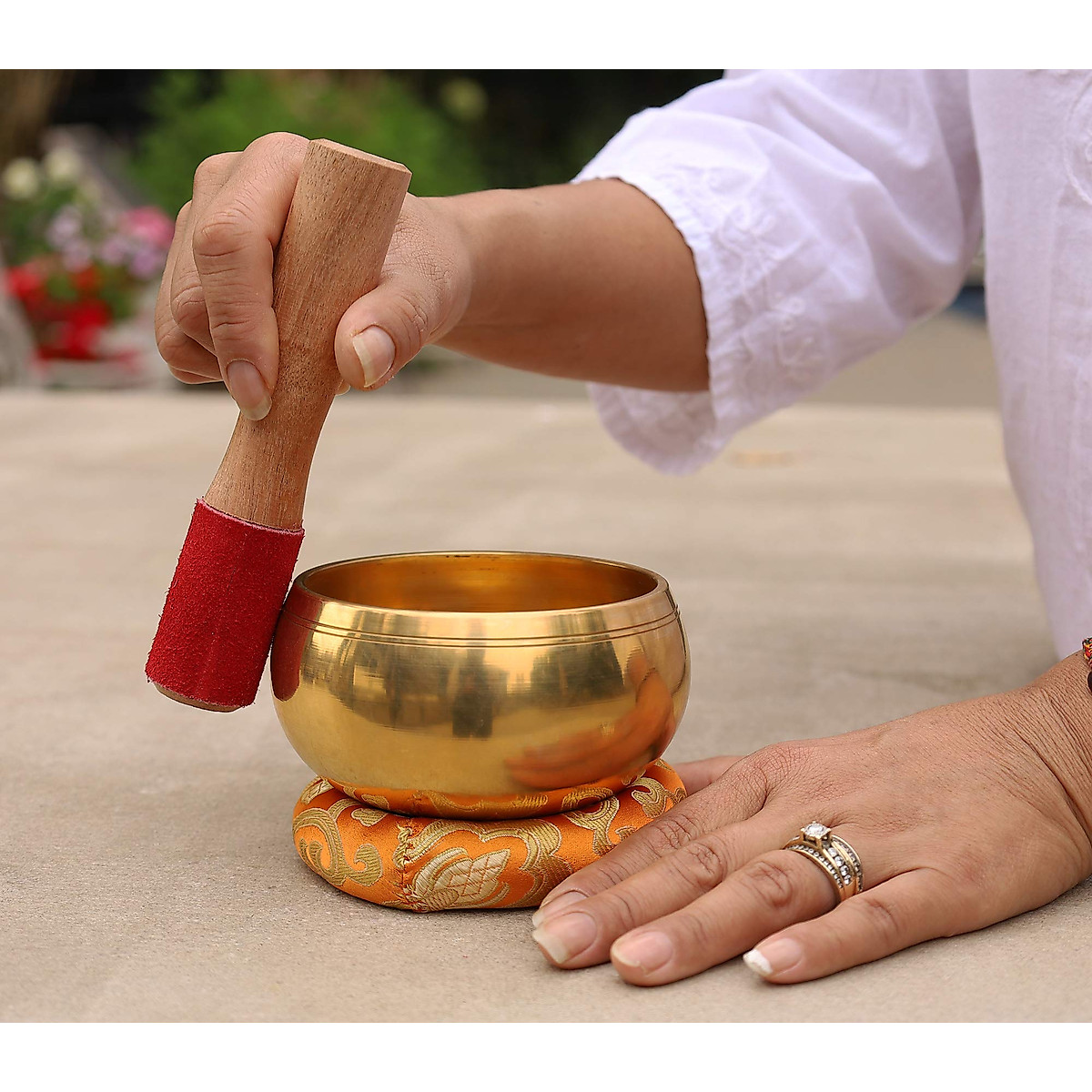 DharmaObjects Medium ~ Tibetan OM MANI Singing Bowl Set ~ With Mallet, Brocade Cushion & Carry Bag ~ For Meditation, Chakra Healing, Prayer, Yoga (Yellow)