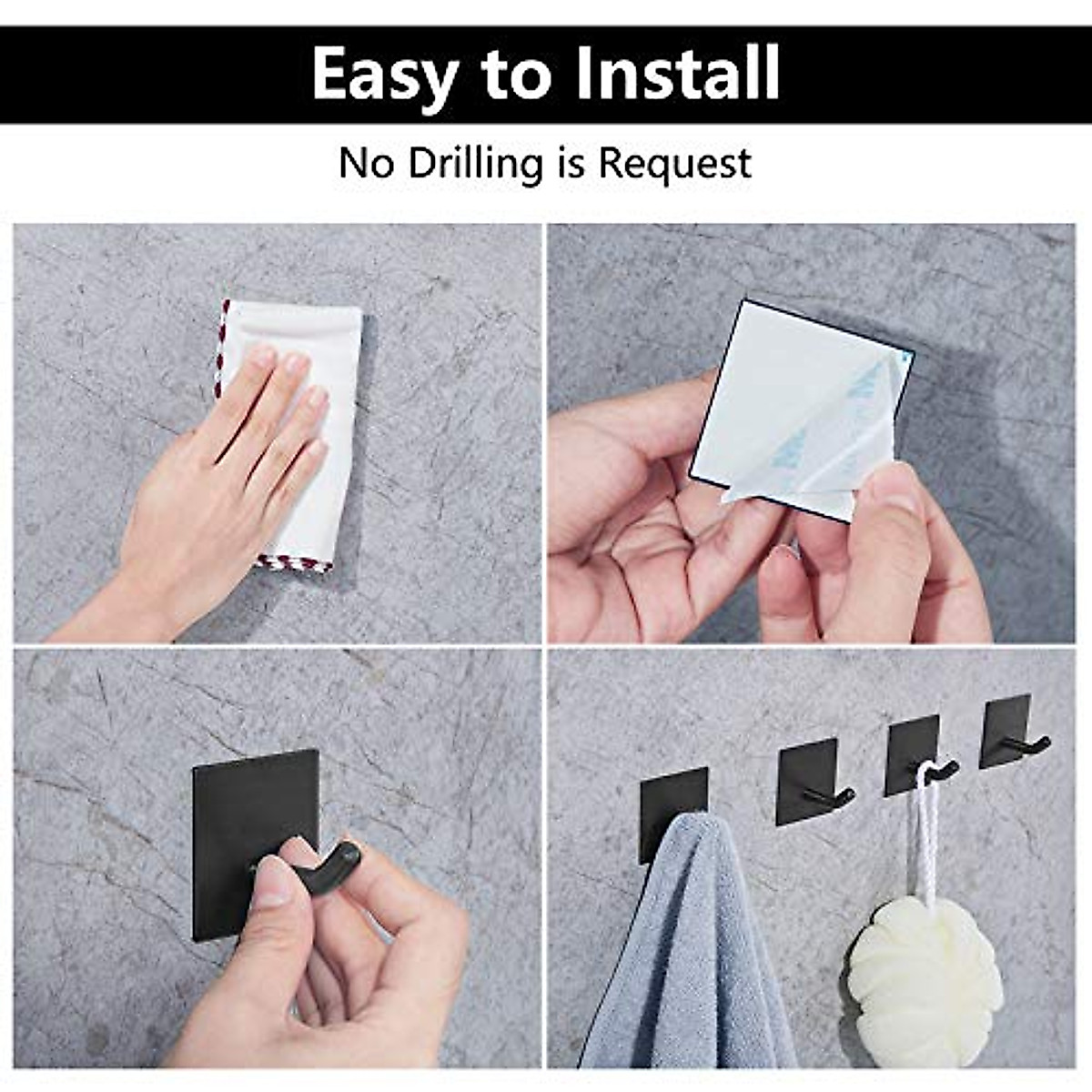 FOMANSH Heavy Duty Adhesive Hooks, Stick on Wall Adhesive Hangers, Strong Stainless Steel Holder, Self Adhesive Hooks for Kitchen Bathroom Home Door Towel Coat Key Robe 4 Packs Black