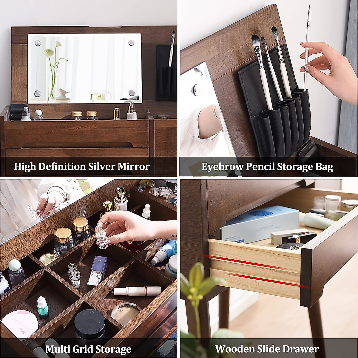 Vanity Desk with Lighted Mirror, Makeup Vanity Table Set, Large Drawer Sturdy Wooden, Soft Chair Dresser Desk for Bedroom