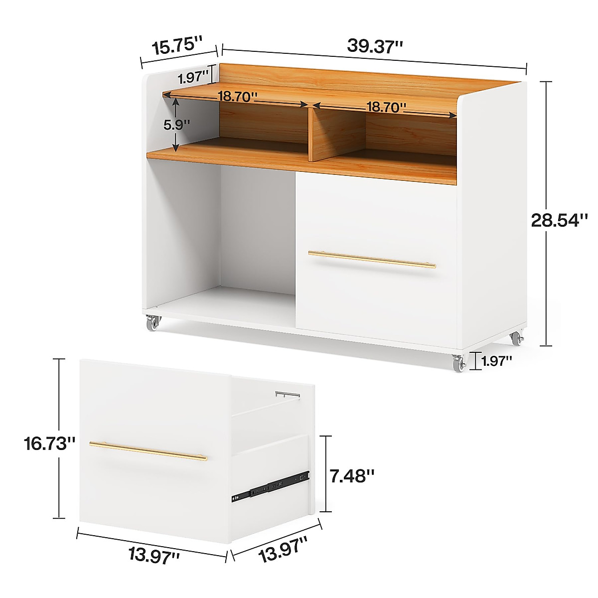 Tribesigns 2 Drawer File Cabinet Rolling Filing Cabinets for Home Office White lateral File Cabinet Wood File Cabinet for Letter Size, Printer Stand with Rolling Wheel and Open Storage Shelves
