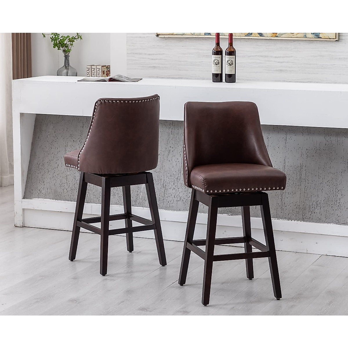 Kmax Leather Counter Height Bar Stools Swivel Farmhouse Bar Stools with Wood Legs Nailhead Footrest for Kitchen Island, Set of 2- Chocolate