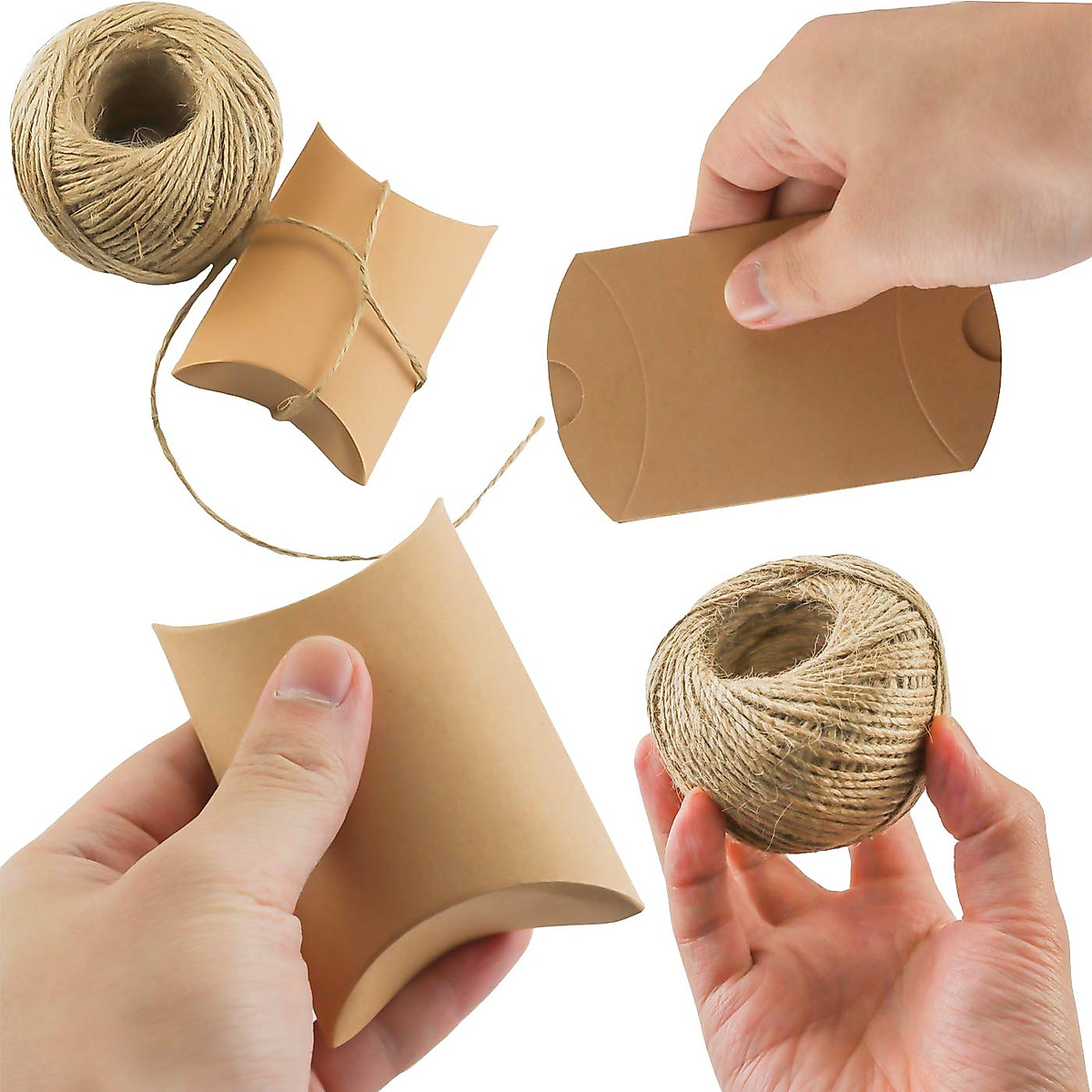 LeonBach 100 Pcs Pillow Boxes and 197 Ft Jute Rope, Jewelry Packaging Supplies Earring Boxes Wedding Favors Boxes Pillow Mini Gift Boxes