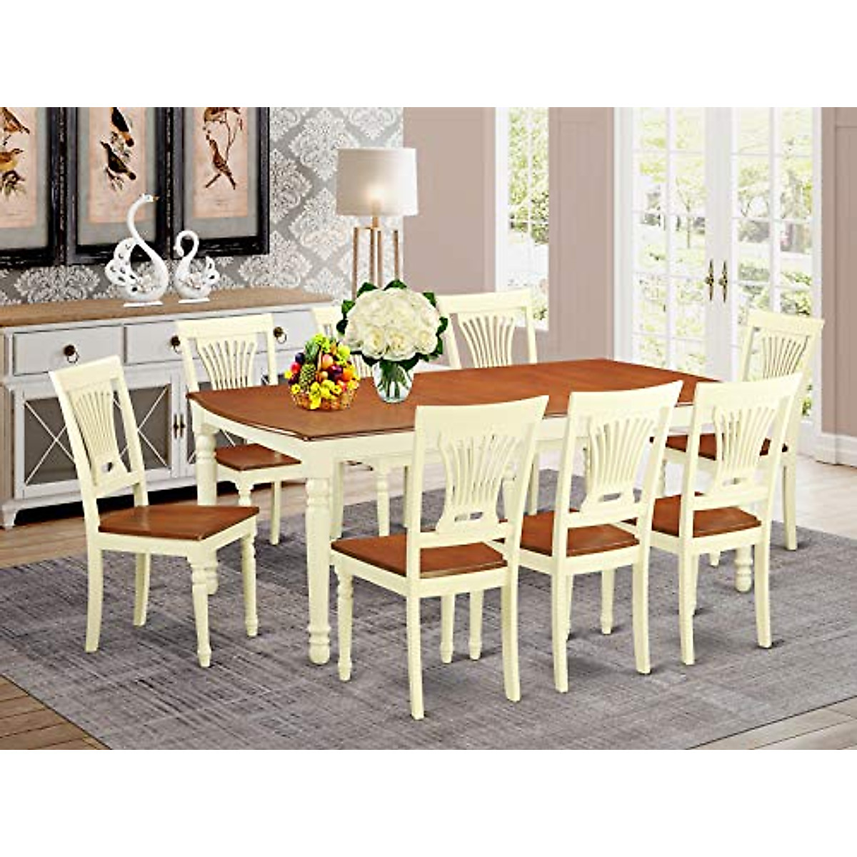 East West Furniture Dover 9 Piece Set Includes a Rectangle Dinner Table with Butterfly Leaf and 8 Dining Room Chairs, 42x78 Inch, Buttermilk & Cherry