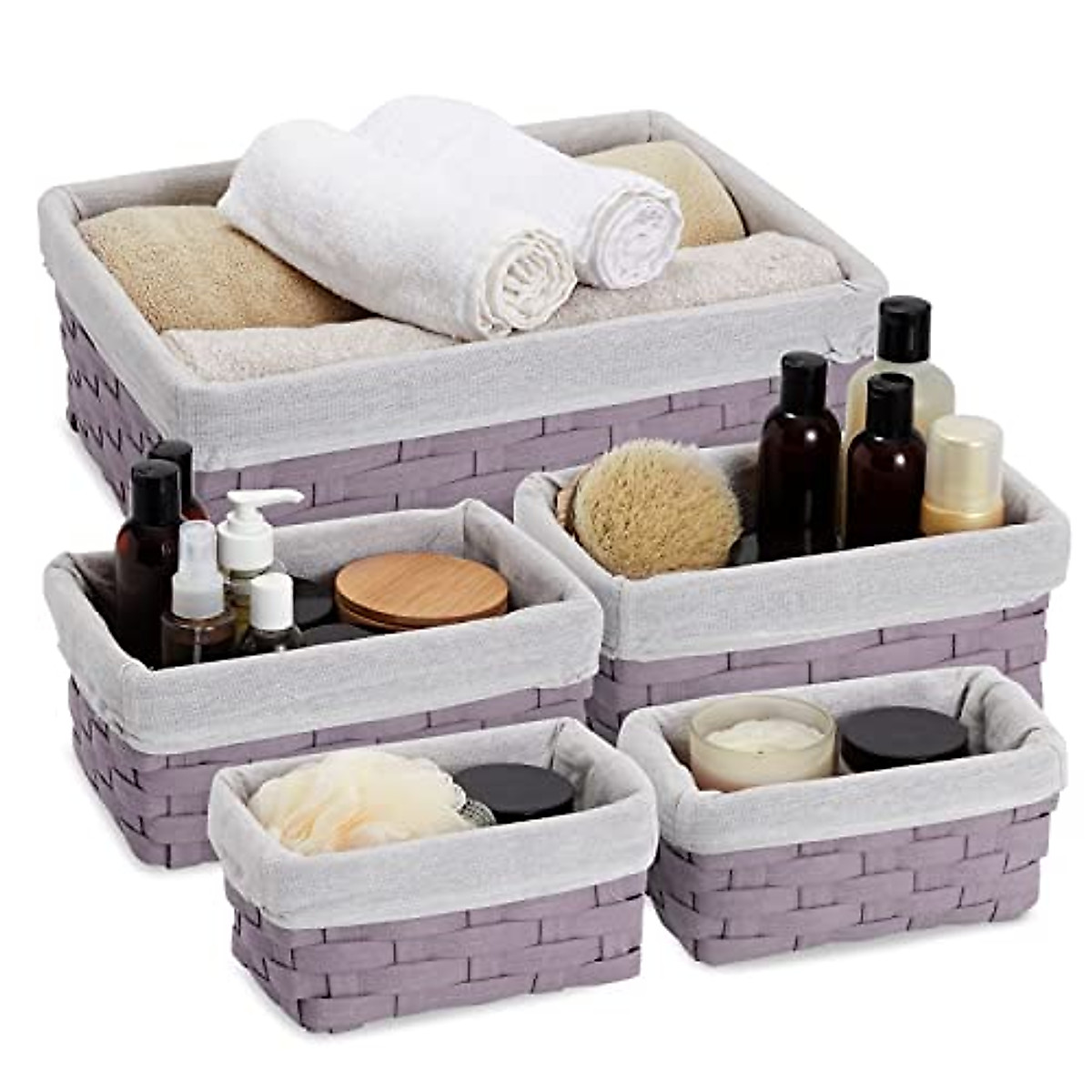 5 Piece Set Woven Nesting Storage Baskets, Decorative Wicker Bins for Organizing, Lavender (3 Sizes)