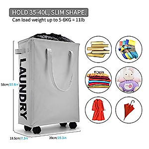 IHOMAGIC Laundry Basket with Upgrade Extended Handles, Collapsible Laundry Hamper with Wheels- Thin Dirty Clothes Laundry Washing Basket for Bedroom, Bathroom, Dormitory (40L, Light Grey)