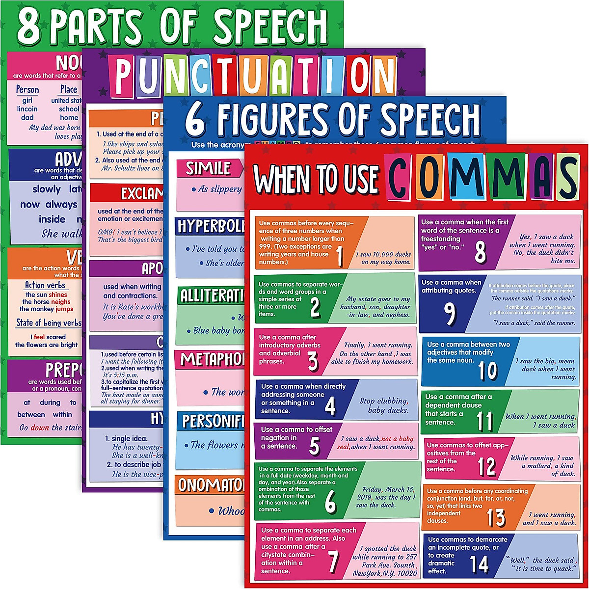 Yisong 4 Pieces Educational English Poster Grammar Figurative Language Punctuation Posters for Middle High School Classroom Decorations,17 x 22 Inches
