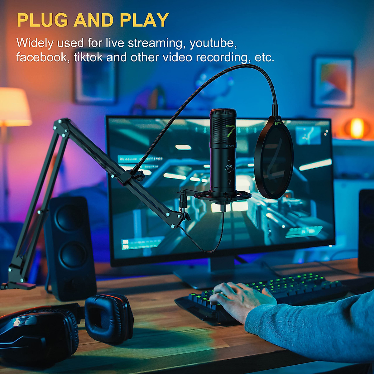 7RYMS SR-AU01-K1 Podcast Microphone Kit with Arm Stand, USB Condenser Microphone for Computer PC Smartphone, Suitable for Gaming Singing Podcasting Recording Live-Streaming