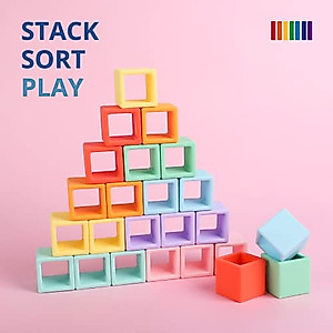 BLUE GINKGO Silicone Rainbow Blocks - Giftable Soft Blocks for Kids | BPA Free Silicone Blocks | Montessori Blocks, Silicone Rainbow Stacking Toy with Sorting Tray (24 PC - Pastel)